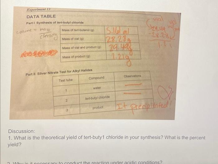 Solved Part 1 Synthosis of tort-butvi chloride colume = | Chegg.com