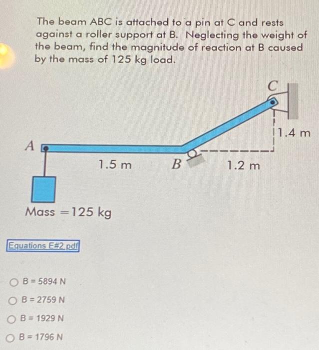 Solved The beam ABC is attached to a pin at C and rests | Chegg.com
