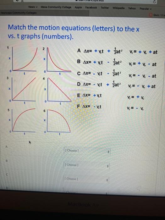 Solved Match the motion equations (letters) to the x vs. t | Chegg.com