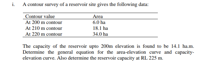 Solved i. A contour survey of a reservoir site gives the | Chegg.com