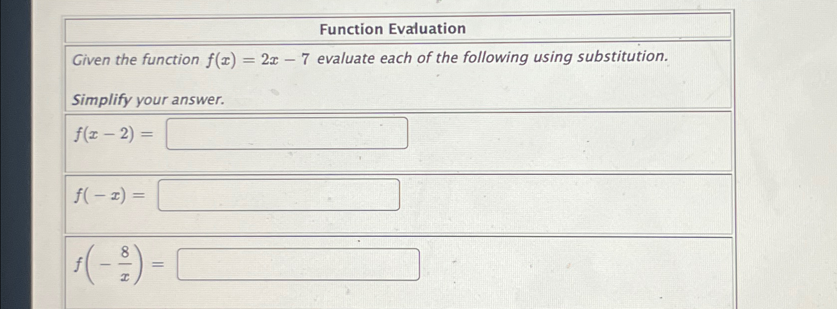 Solved Function EvaluationGiven the function f(x)=2x-7 | Chegg.com