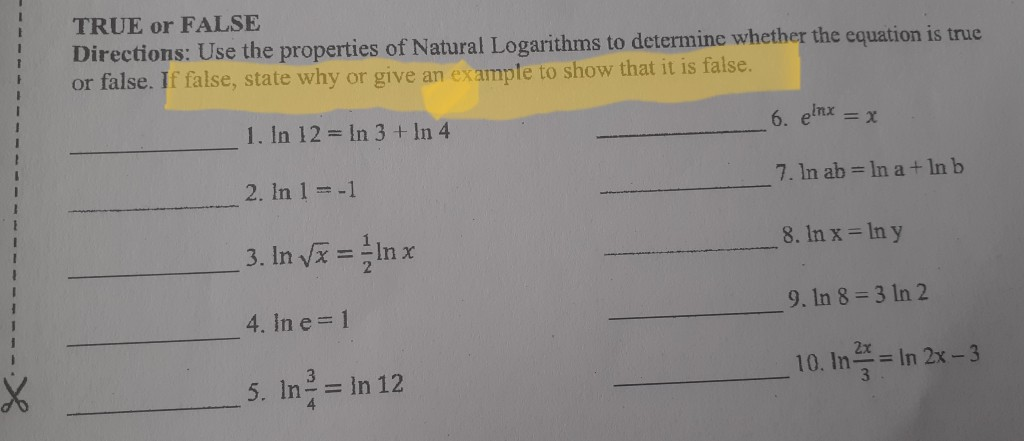 Solved TRUE or FALSE Directions: Use the properties of | Chegg.com