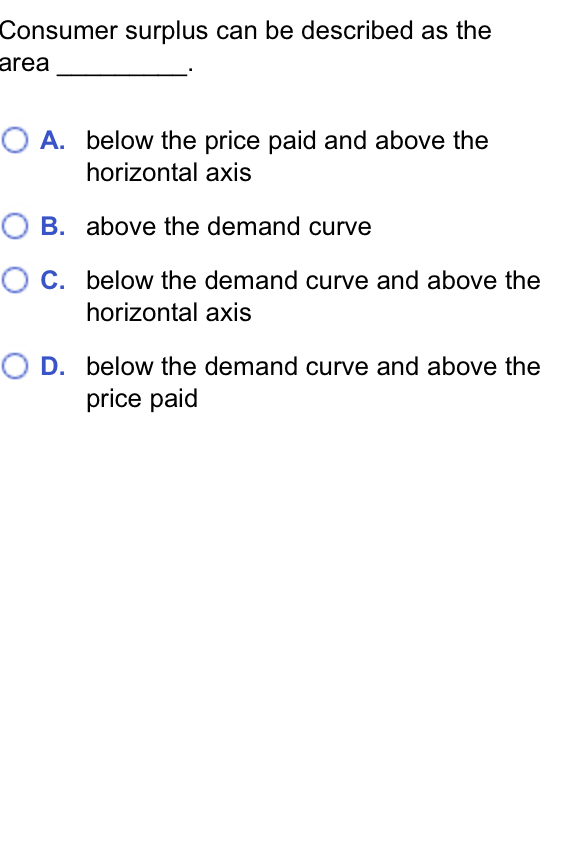 Solved Consumer surplus can be described as the areaA. | Chegg.com