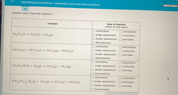 Solved Identifying precipitation, combustion and acid-base | Chegg.com