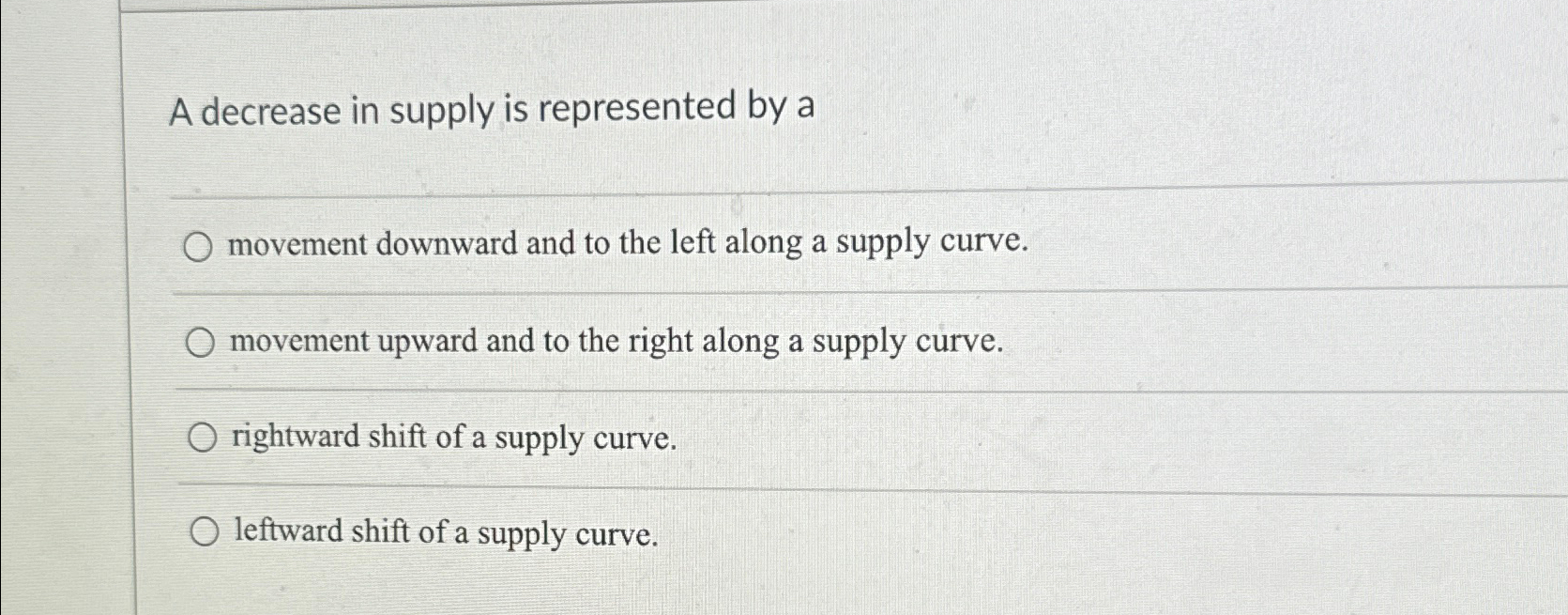 Solved A decrease in supply is represented by amovement | Chegg.com