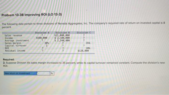 Solved Problem 13-38 Improving ROI (LO 13-3) The following | Chegg.com