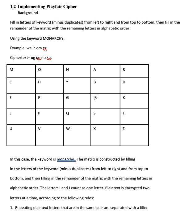 Solved 1.2 Implementing Playfair Cipher Background Fill in | Chegg.com
