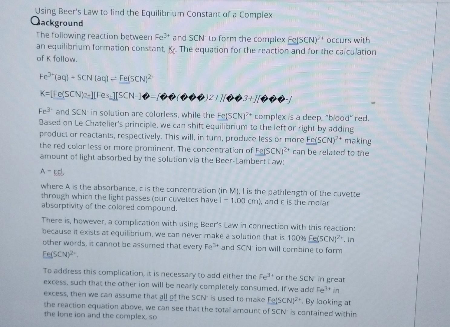 Using Beer's Law to find the Equilibrium Constant of | Chegg.com