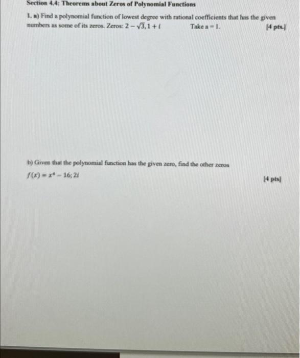 Solved Section 4.4: Theorems about Zeros of Polynomial | Chegg.com