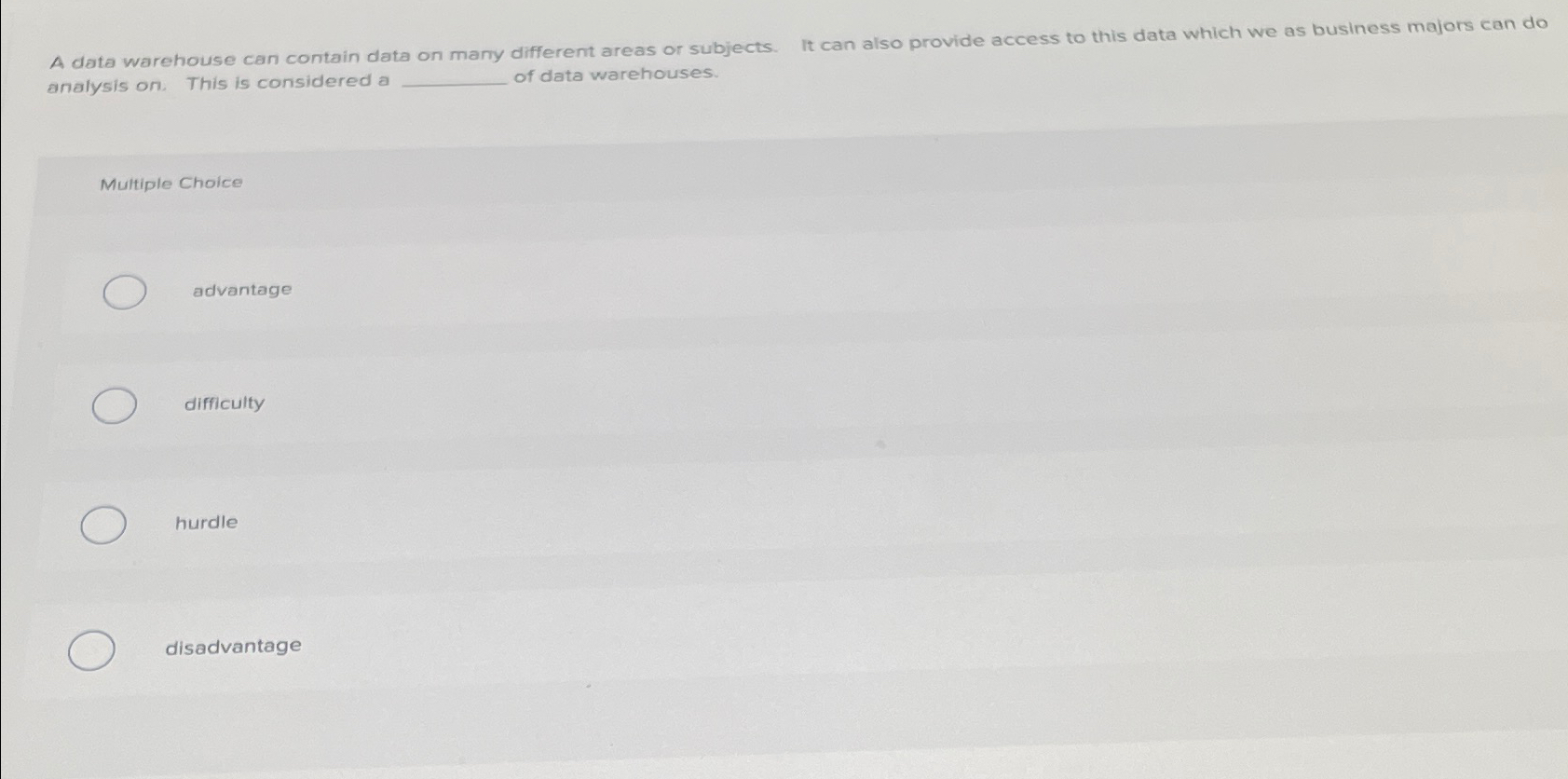 Solved A data warehouse can contain data on many different | Chegg.com