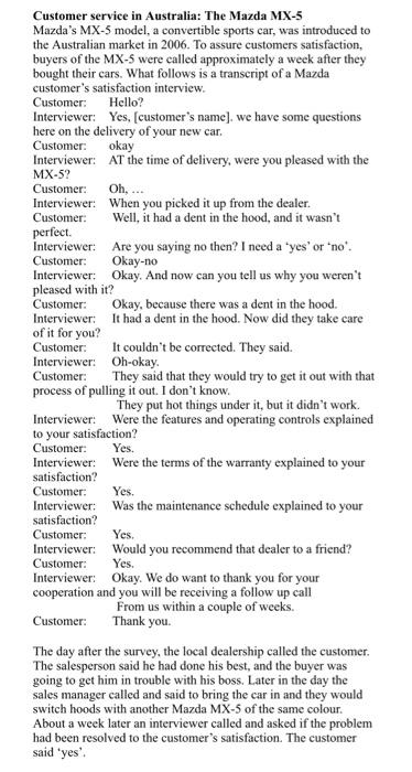 Solved Customer service in Australia: The Mazda MX-5 | Chegg.com