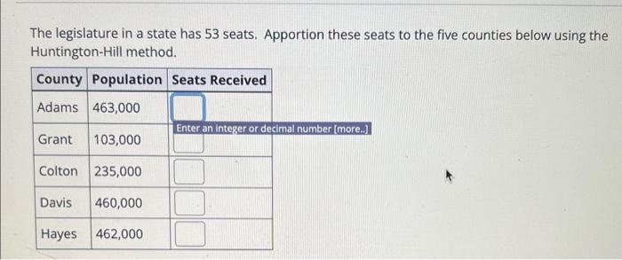 Solved The legislature in a state has 53 seats. Apportion | Chegg.com