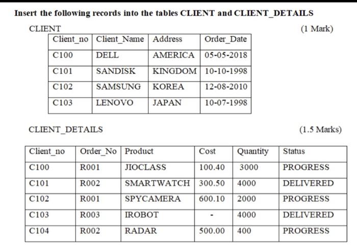 Solved Insert the following records into the tables CLIENT | Chegg.com