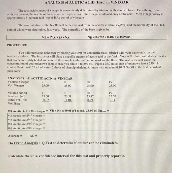 Solved ANALYSIS of ACETIC ACID (HAC) in VINEGAR The total | Chegg.com