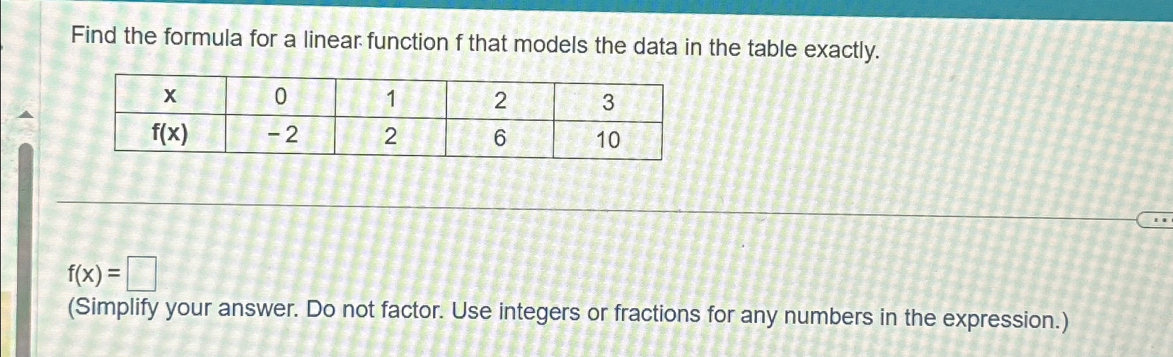 Solved Find the formula for a linear. function f ﻿that | Chegg.com