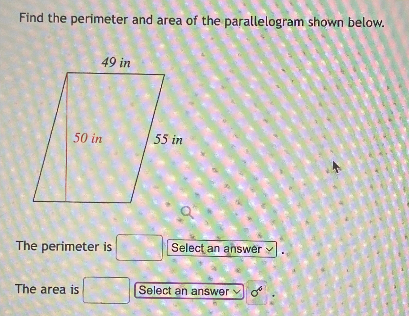 Solved Find the perimeter and area of the parallelogram | Chegg.com
