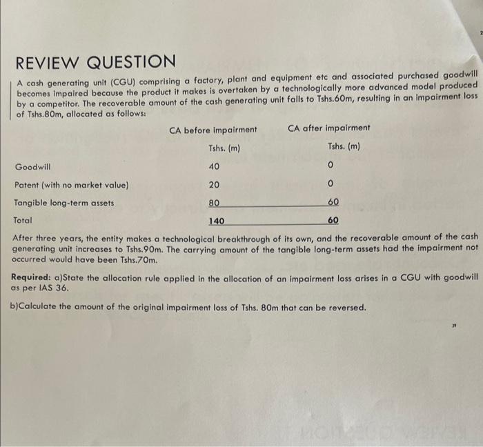 Solved REVIEW QUESTION A cash generating unit (CGU) | Chegg.com