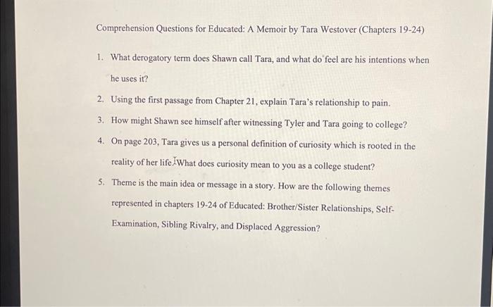Comprehension Questions for Educated: A Memoir by | Chegg.com