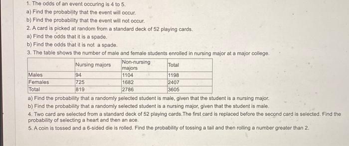 Solved 1. The odds of an event occuring is 4 to 5. a) Find | Chegg.com