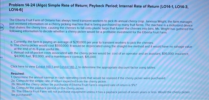 Solved Problem 14-24 (Algo) Simple Rate of Return; Payback | Chegg.com