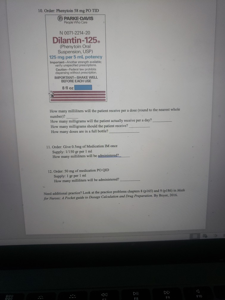 Solved 10. Order: Phenytoin 58 mg PO TID PARKE-DAVIS People | Chegg.com
