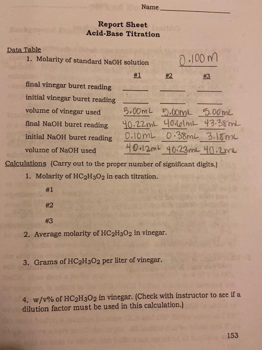 Solved Name Report Sheet Acid-Base Titration 0.100m Data | Chegg.com