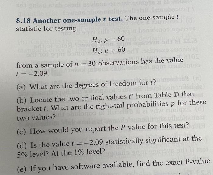 Solved 8.18 Another one-sample t test. The one-sample t | Chegg.com