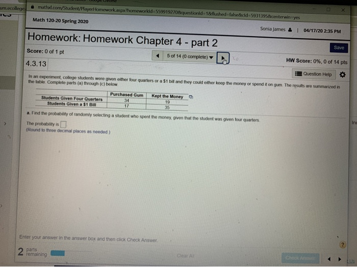 Solved necollege .mathod.cony Student/PlayerHomework | Chegg.com