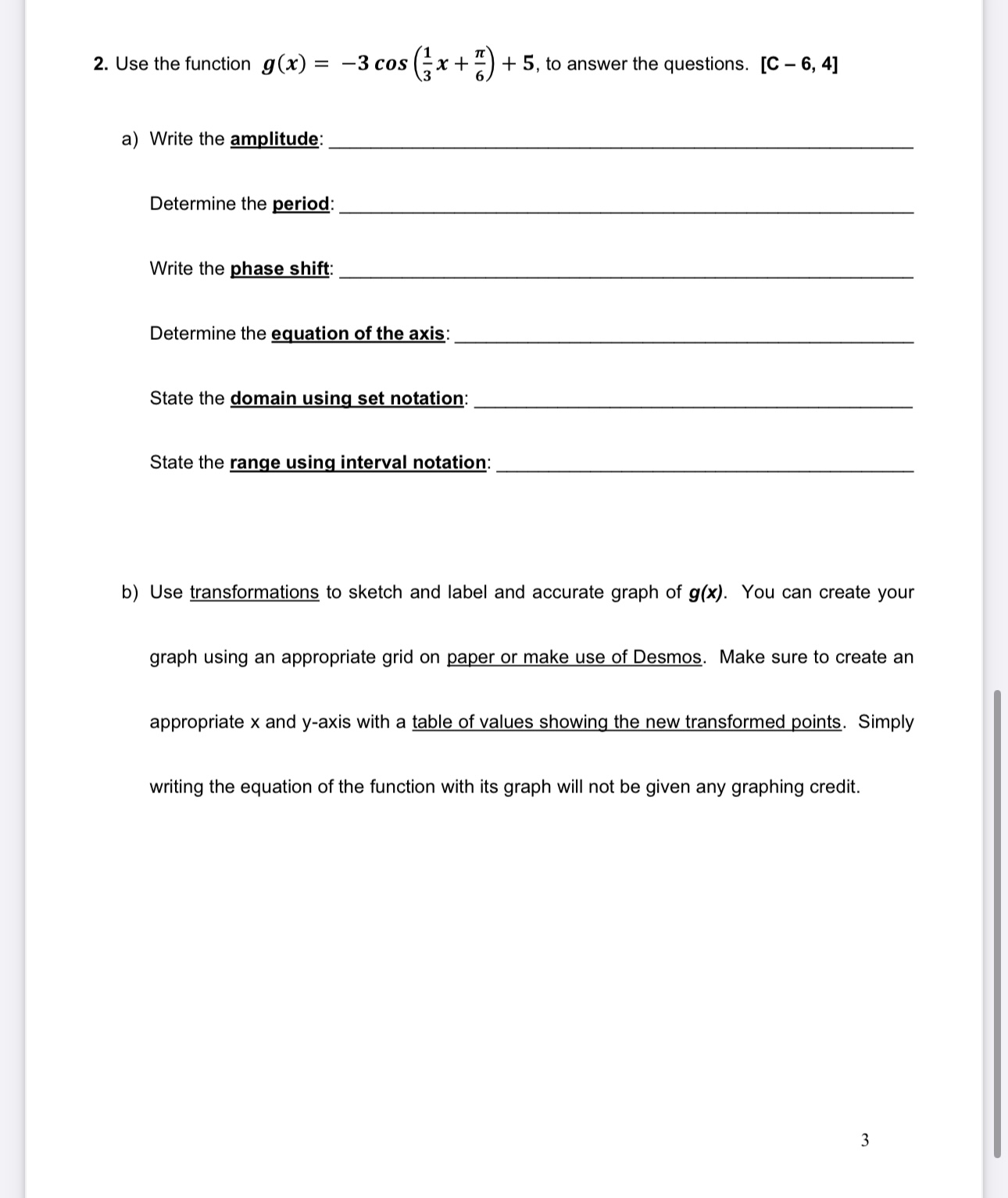 Solved 2. ﻿Use the function \( ﻿g(x)=-3 \cos | Chegg.com