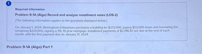 Solved Required information Problem 9-1A (Algo) Record and | Chegg.com