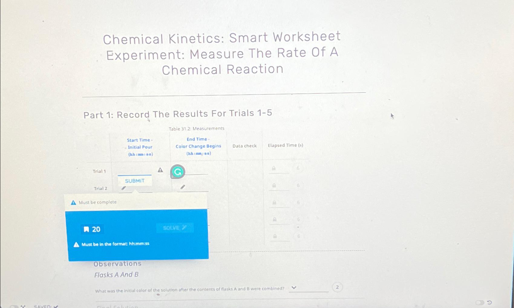 Chemical Kinetics: Smart Worksheet Experiment: | Chegg.com