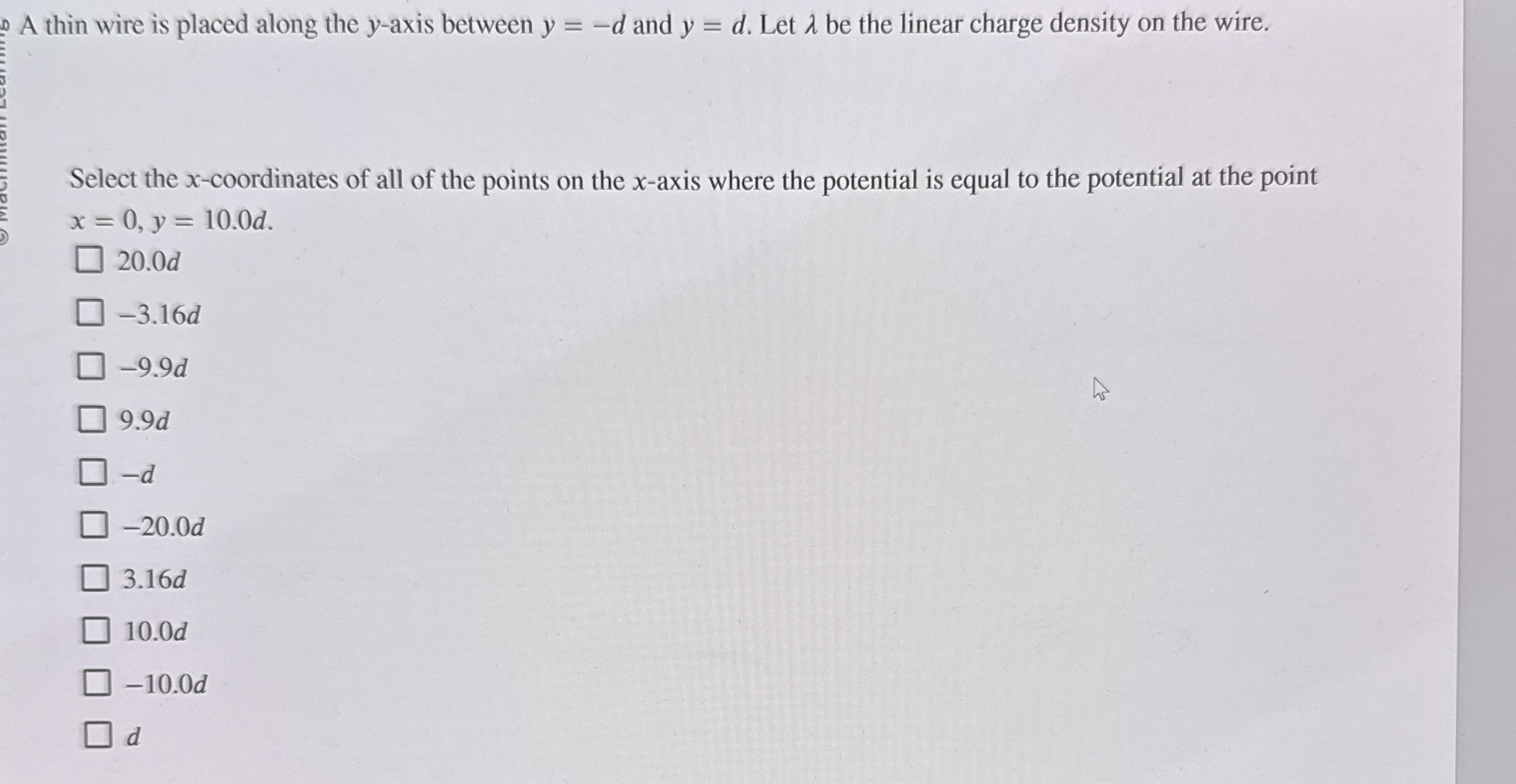 Solved A thin wire is placed along the y-axis between y=-d | Chegg.com