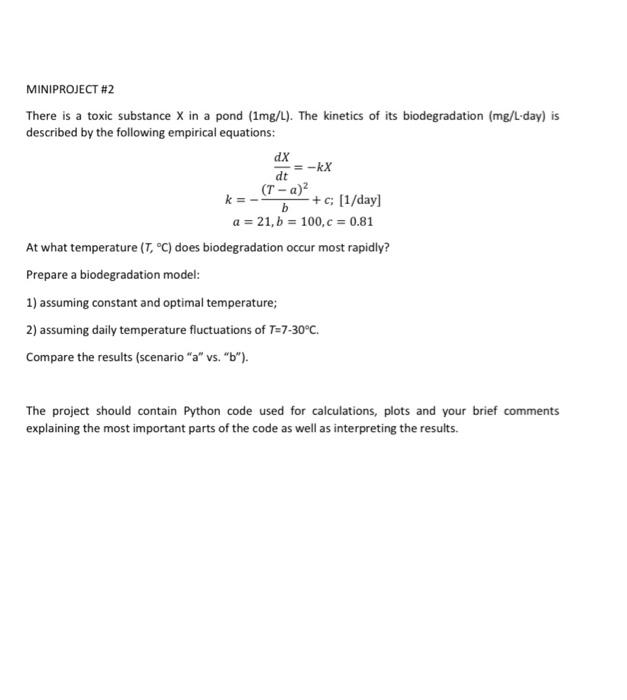 Solved MINIPROJECT \#2 There is a toxic substance X in a | Chegg.com