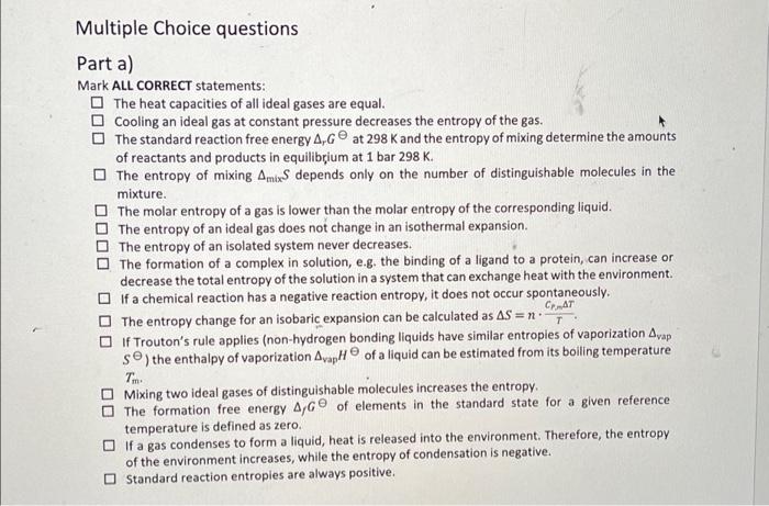 Multiple Choice questionsPart a) Mark ALL CORRECT | Chegg.com