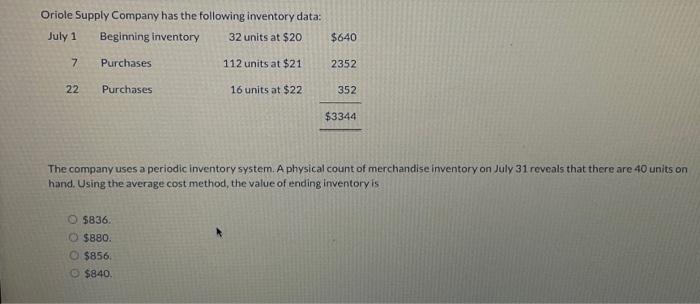Solved Oriole Supply Company has the following inventory | Chegg.com