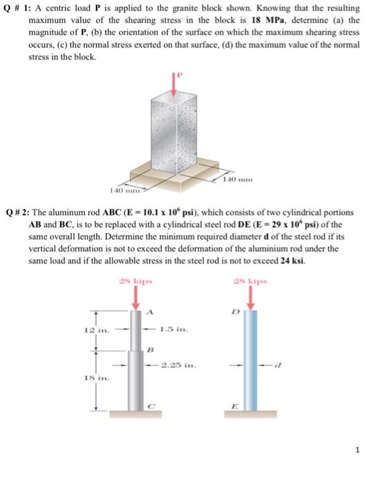 Solved Q # 1: A centric load P is applied to the granite | Chegg.com