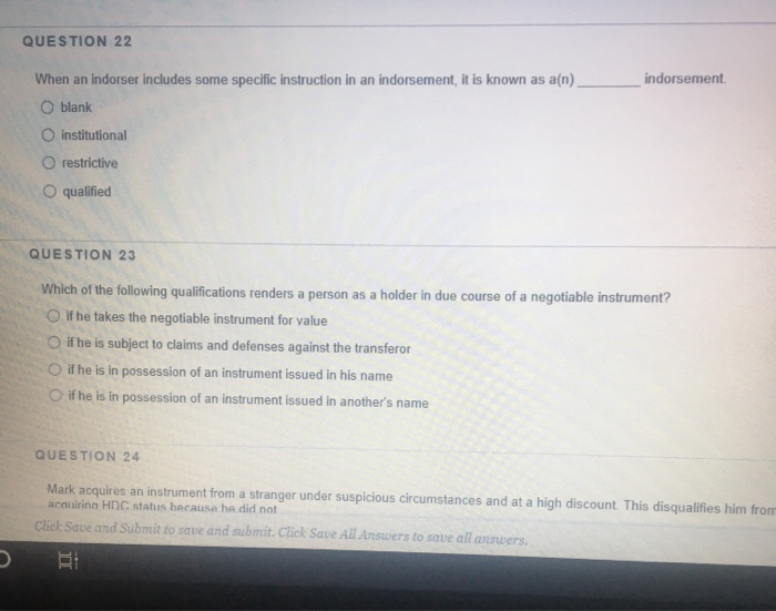 Solved indorsement QUESTION 22 When an indorser includes | Chegg.com