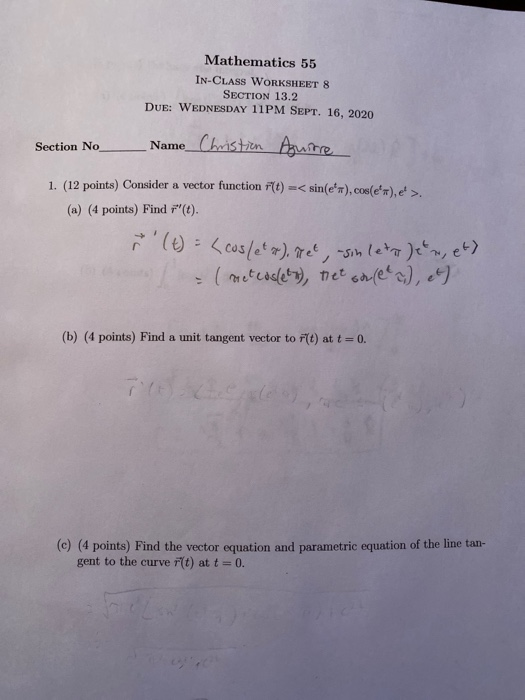 Solved Mathematics 55 IN-CLASS WORKSHEET 8 SECTION 13.2 DUE: | Chegg.com