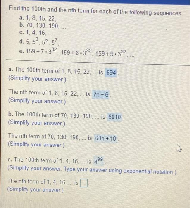 Solved Find the 100th and the nth term for each of the | Chegg.com