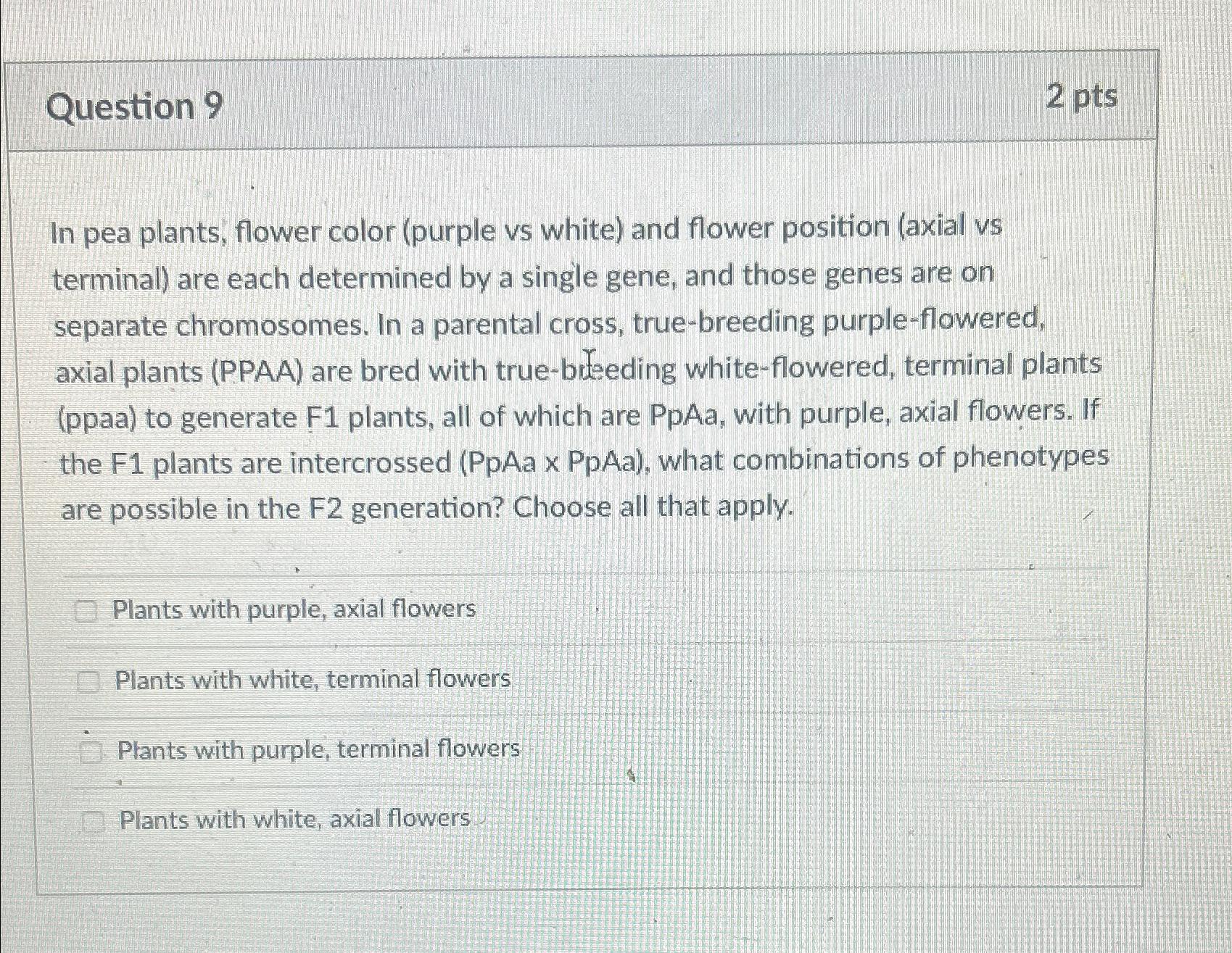 Solved Question 92 ﻿ptsIn pea plants, flower color (purple | Chegg.com
