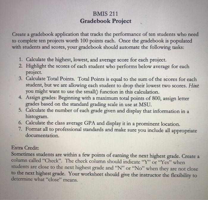 Solved BMIS 211 Gradebook Project Create a gradebook | Chegg.com