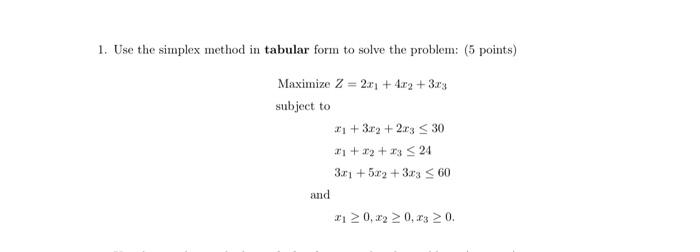 Solved 1. Use the simplex method in tabular form to solve | Chegg.com