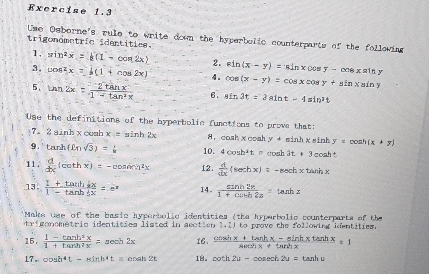 Solved Use Osborne's rule to write down the hyperbolic | Chegg.com