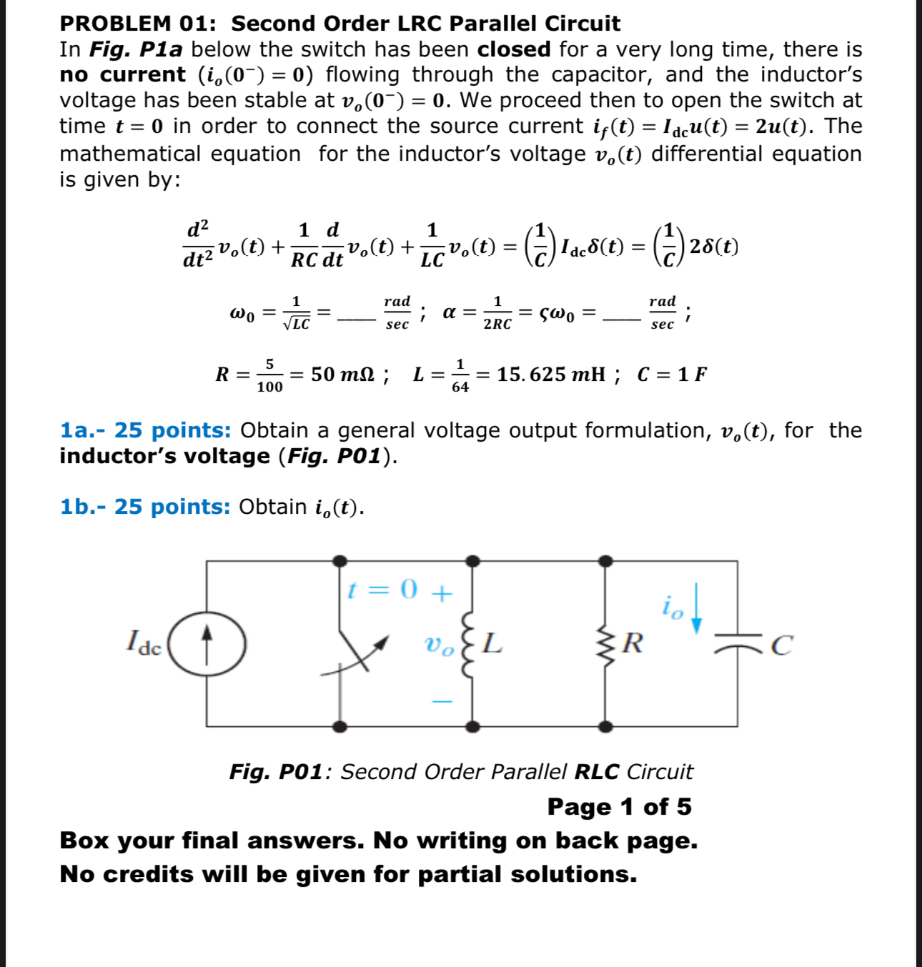Solved PROBLEM 01: Second Order LRC Parallel CircuitIn Fig. | Chegg.com