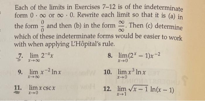 Solved = Each of the limits in Exercises 7-12 is of the | Chegg.com