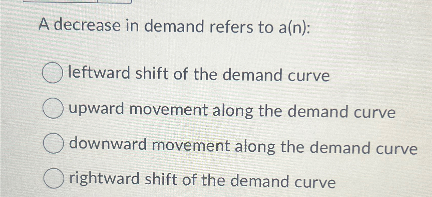 Solved A decrease in demand refers to a(n) ﻿:leftward shift | Chegg.com