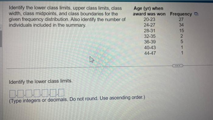 Solved Identify the lower class limits, upper class limits, | Chegg.com