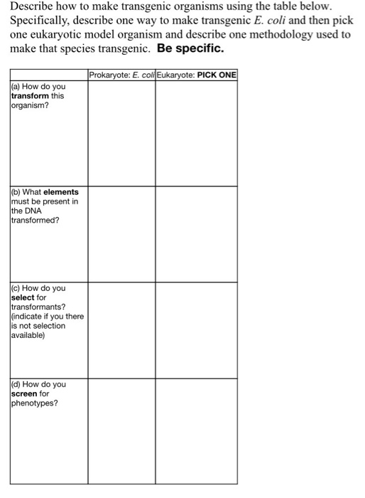 Solved Describe how to make transgenic organisms using the | Chegg.com