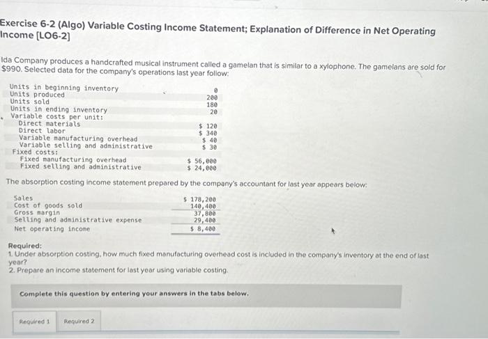 Solved Exercise 6-1 (Algo) Variable and Absorption Costing | Chegg.com