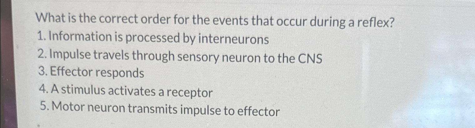 Solved What is the correct order for the events that occur | Chegg.com